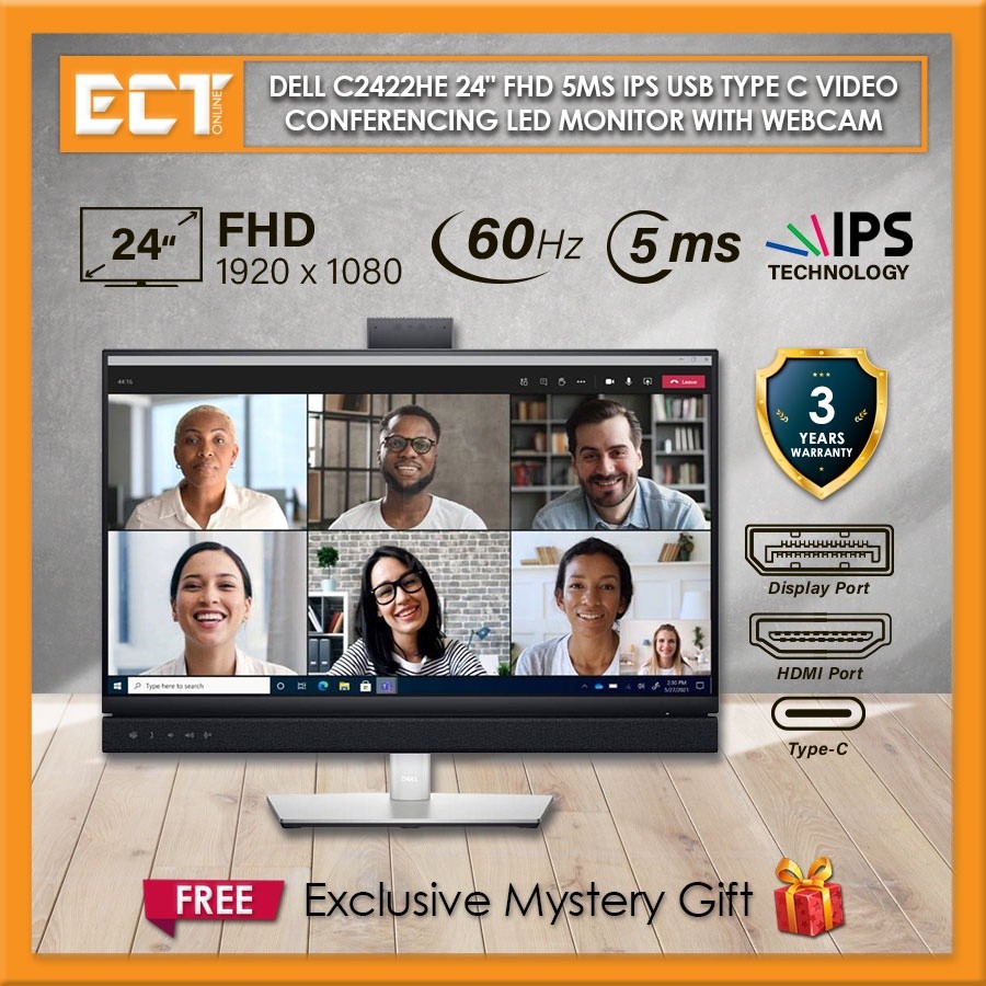 Dell C2422HE 24" FHD 1920 x 1080 5MS IPS USB TYPE C Video Conferencing ...