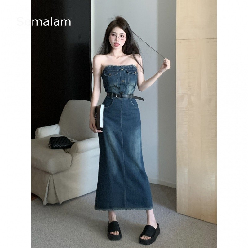 Semalam American Denim Wrap Chest Skirt Women 2024 Spring Summer Style ...