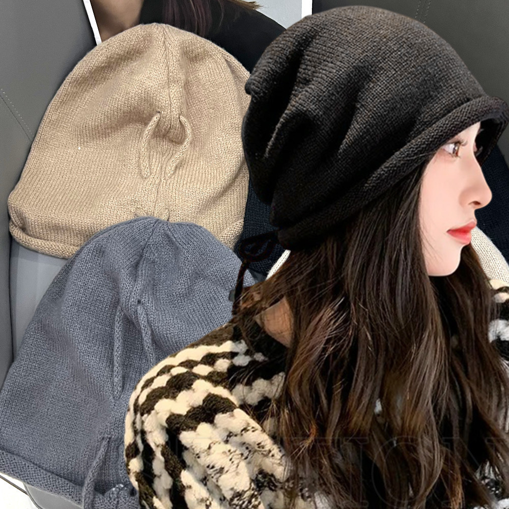 Women Drawstring Stacked Knitted Hat - Autumn Winter Cold-resistant ...