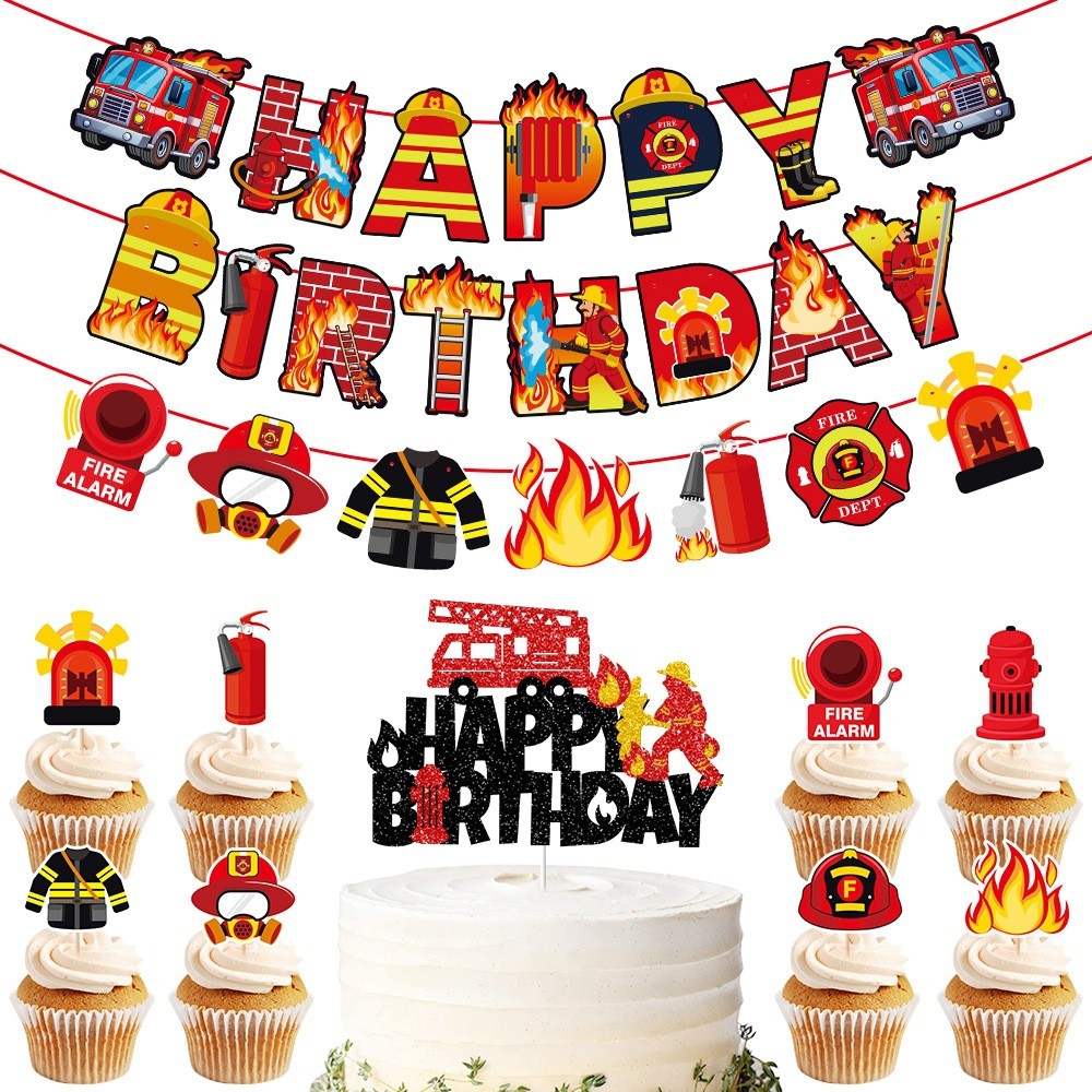 Kids Fire Party Happy Birthday Garland Fireman Birthday Cake Topper ...