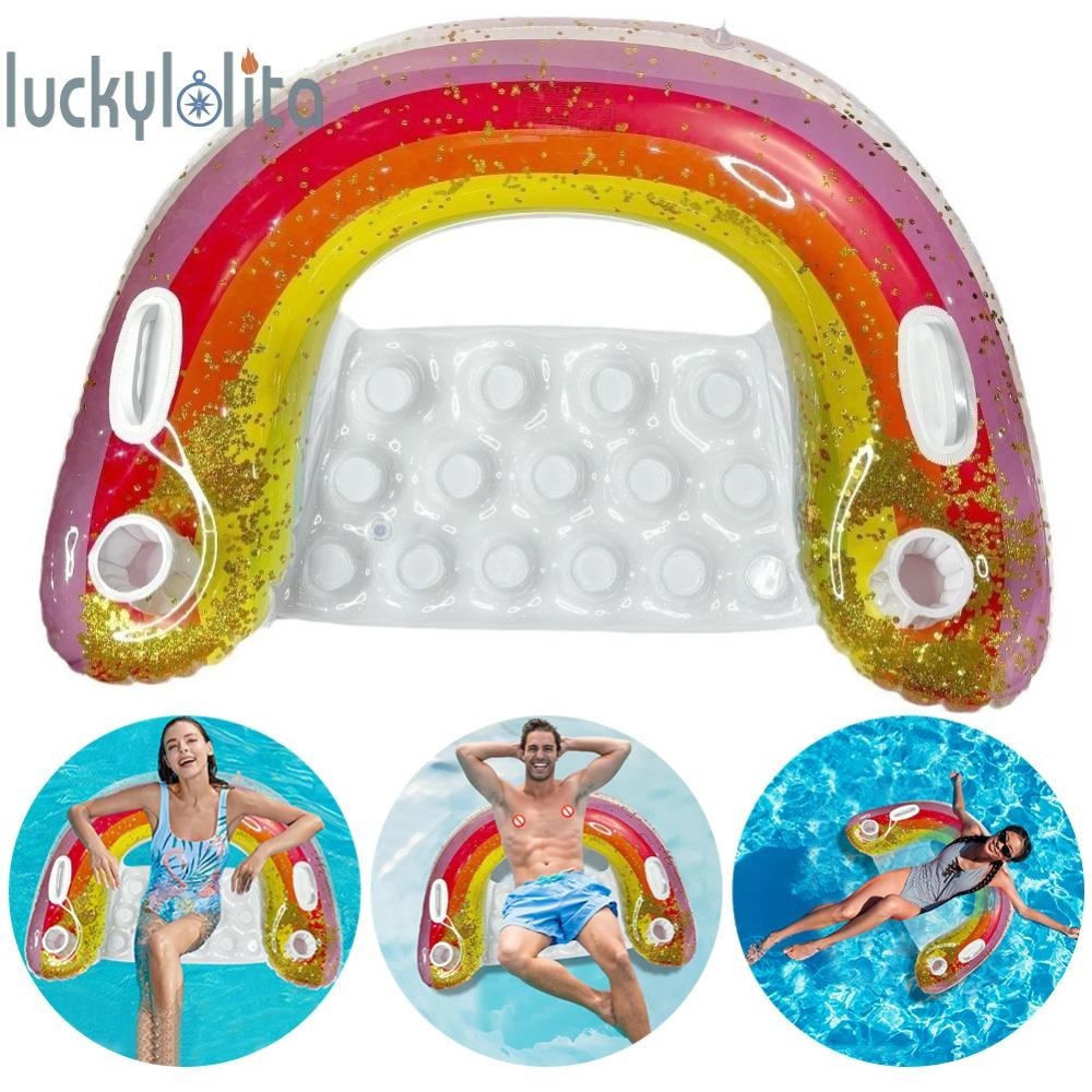 Rainbow Inflatable Pool Float with 2 Cup Holders Glitter Sequin Pool ...
