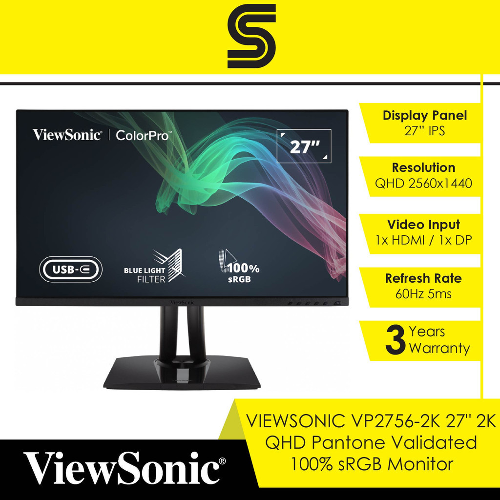 VIEWSONIC VP2756-2K 27" 2K QHD Pantone Validated 100% sRGB Monitor ...