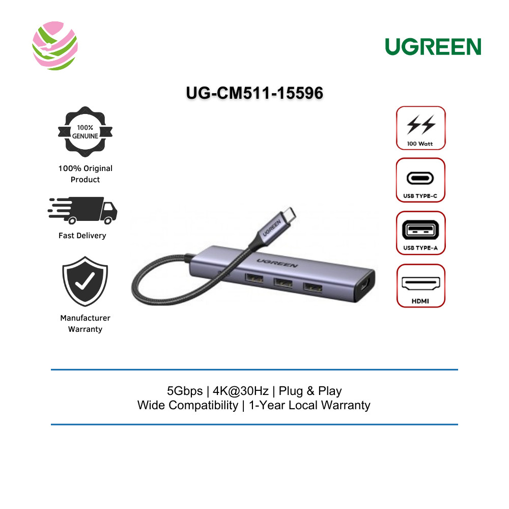 UGREEN USB HUB ADAPTER USB-C 3.1 TO HDMI 4K@30HZ+3*USB-A+PD100W (UG ...
