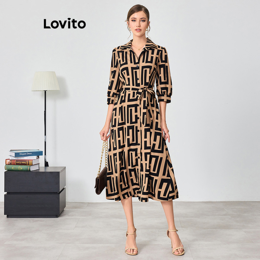 Lovito Elegant Geometric Button Front Belted Dress for Women LBL15098 ...