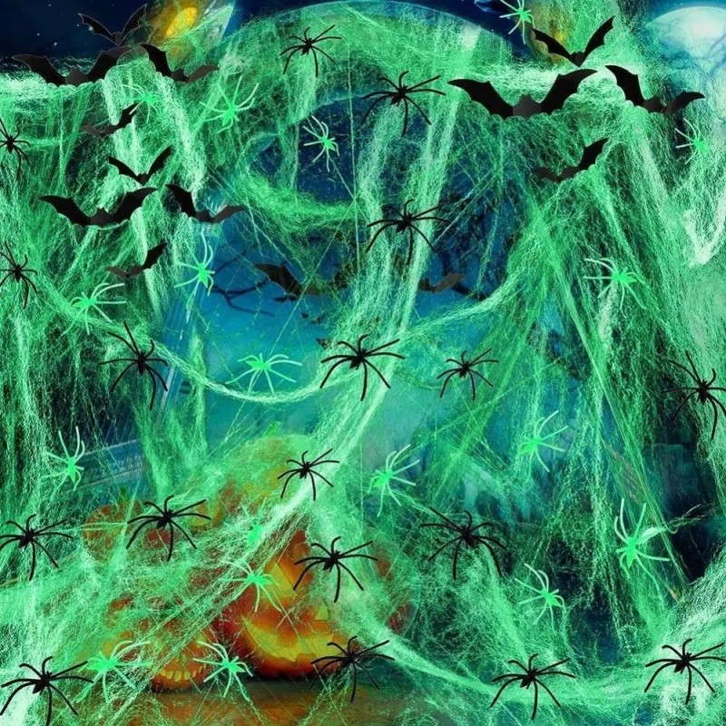 Glow in The Dark Spider Webs and Fake Spiders White Stretch Cobwebs for ...