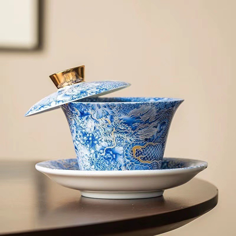 Gilt Enamel Colorful Ceramic Suspension Chinese Style Sancai Gaiwan Tea ...