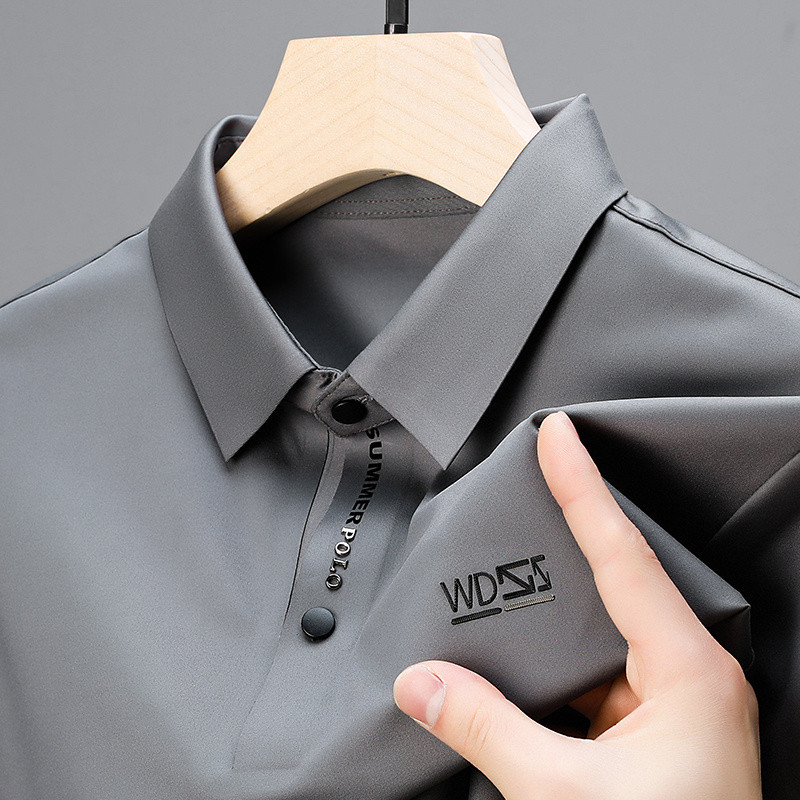 Men Lapel Ice Silk Short Sleeved Polo Shirt Mens Loose Thin Casual