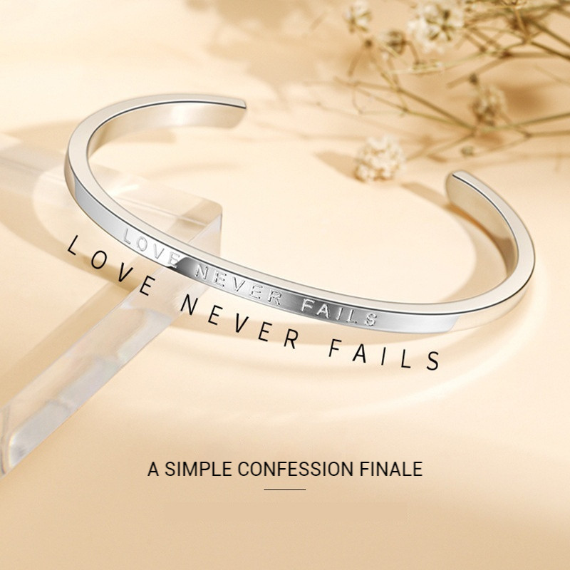 JF LOVE NEVER FAILS Bracelet S999 Pure Silver Bangle Simple Opening No ...