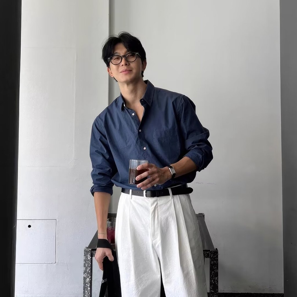 Summer Thin Cotton Linen Shirt Men's Long-Sleeved Loose Dark Blue ...