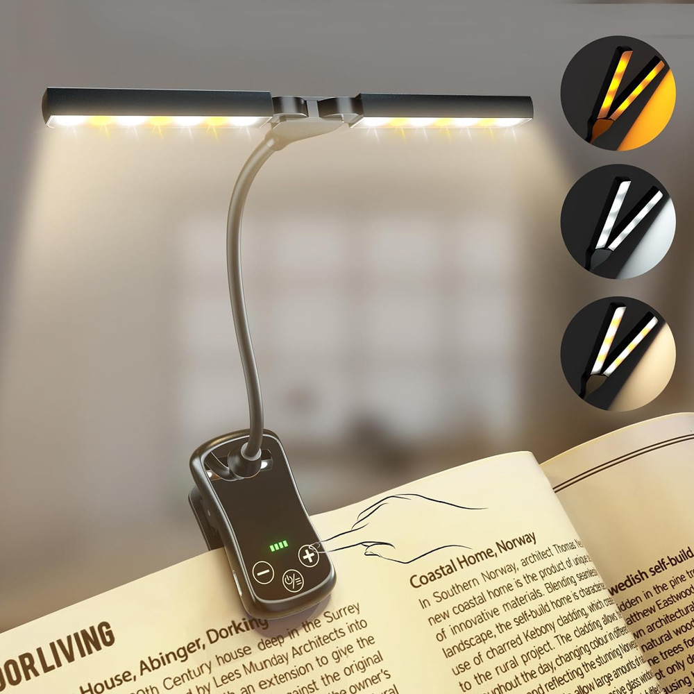 3 Colors 8 Brightness 14 LED Clip On Book Light Usb Rechargeable Night ...