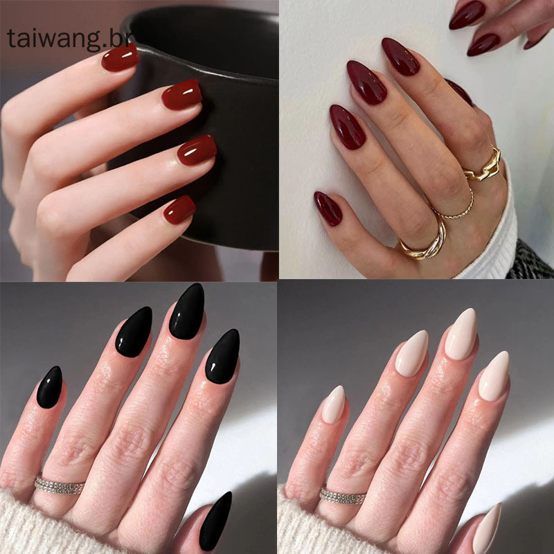 Daily Short Fake Nails Set with Glue Solid Color False Nails Press on ...