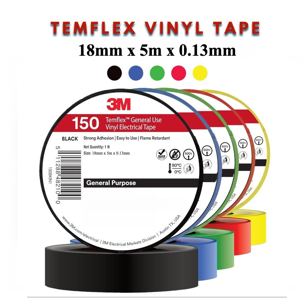 3M Electrical Tape 150 Temflex Vinyl Tape 18mm × 5M × 0.13mm PVC ...