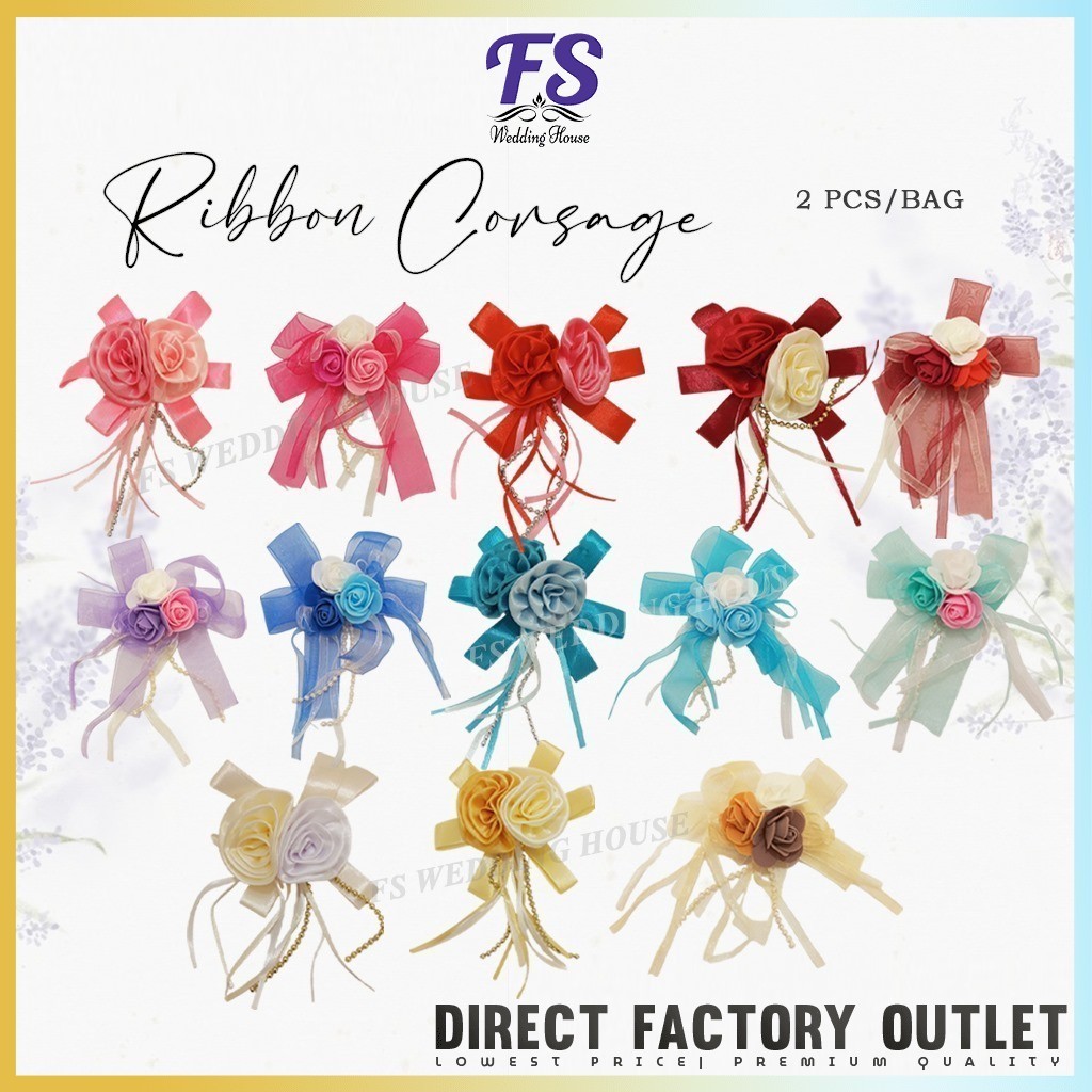 2 PCS - RIBBON CORSAGE/FLOWER CORSAGE WITH SAFTEY PIN/BUNGA ROZEK/BUNGA ...