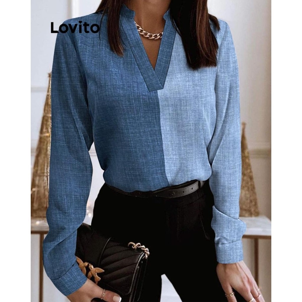 Lovito Casual Plain Colorblock Blouse for Women LNL59224 Lovito Blus ...