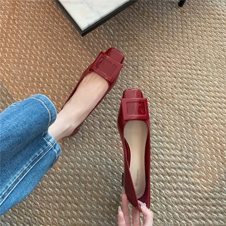 High Heels Women Korean Version Fashion Square Toe Shiny Shallow Mouth ...