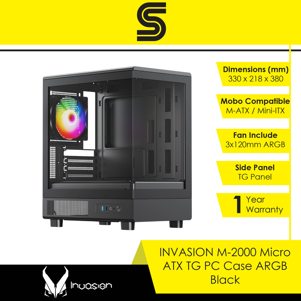 INVASION M-2000 Micro-ATX TG PC Case with 3x ARGB 120mm Fan - Black ...