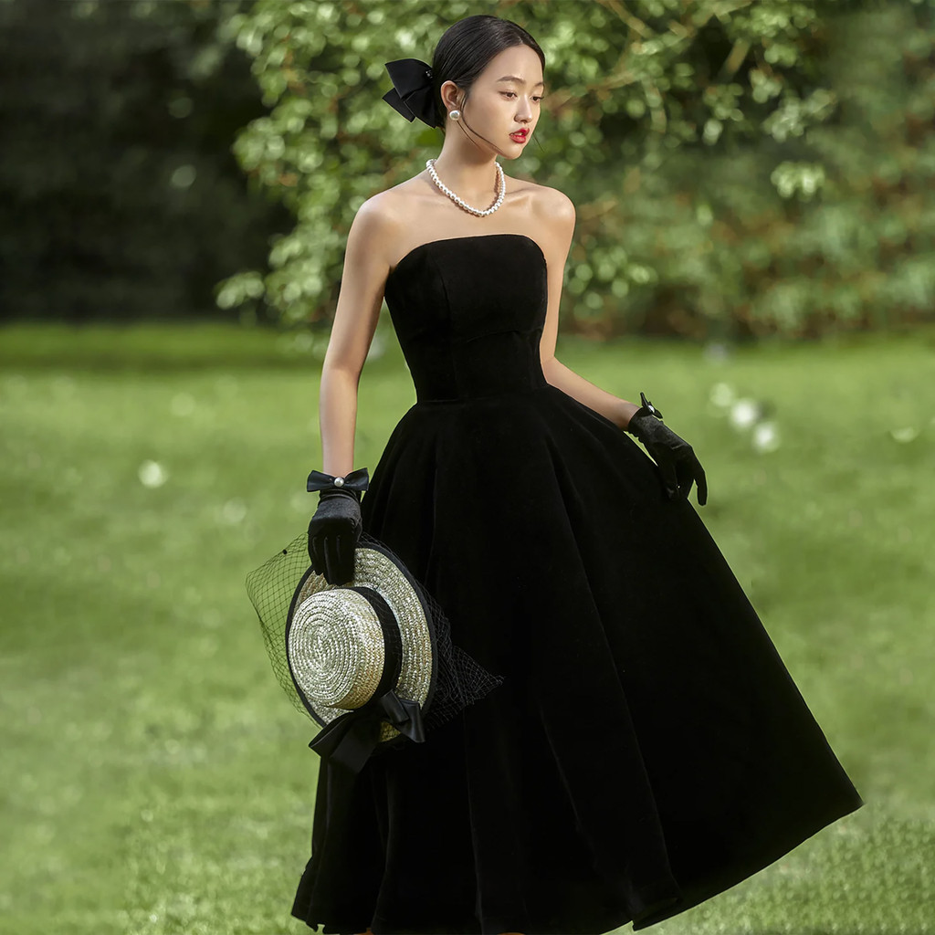 Black Velvet Evening Gown Banquet Temperament with Chest Long Senior Sense Light Wedding Dress ...