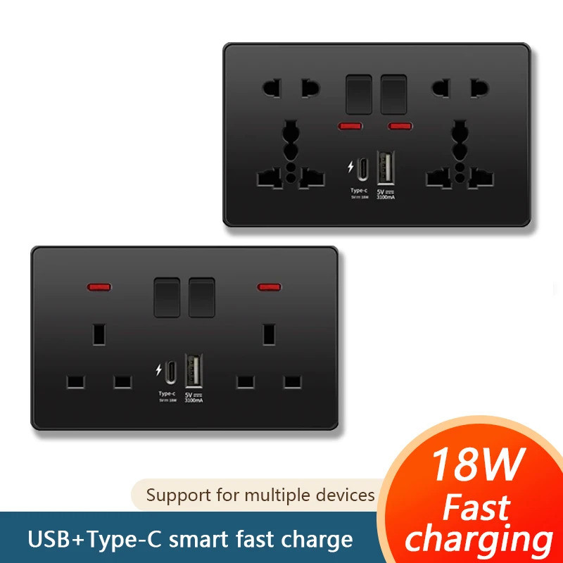 Universal 18W Fast Type C Wall 220V Power Outlet plug,UK Black 13A ...