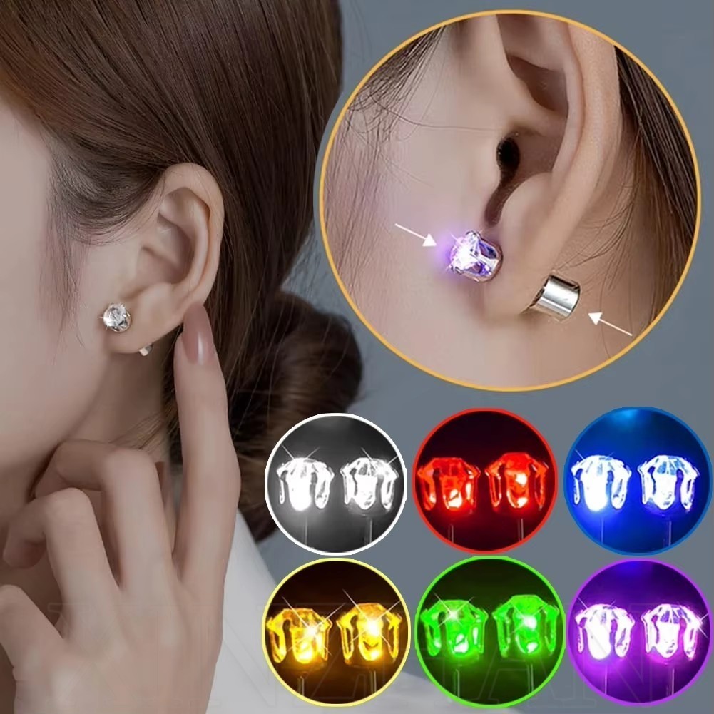 Color Emitting LED Earrings - Sparkling Glowing Rhinestone Stud Earring ...