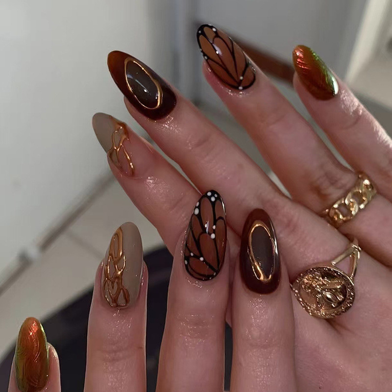 24Pcs Brown Butterfly Wing Fake Nails with Glue DIY Art Design False ...