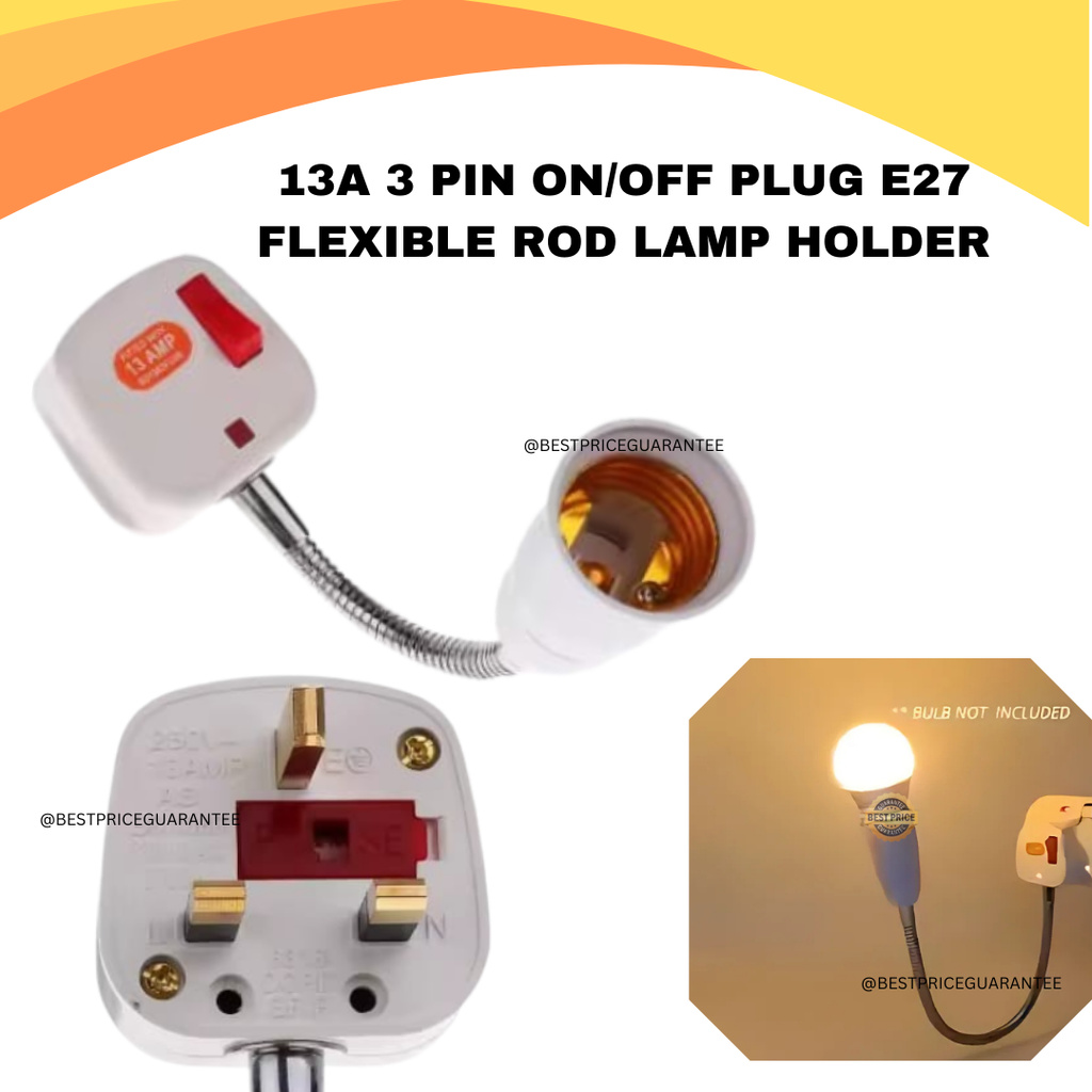 20cm flexible E27 light bulb lamp holder rod extension with 13A 3pin ...
