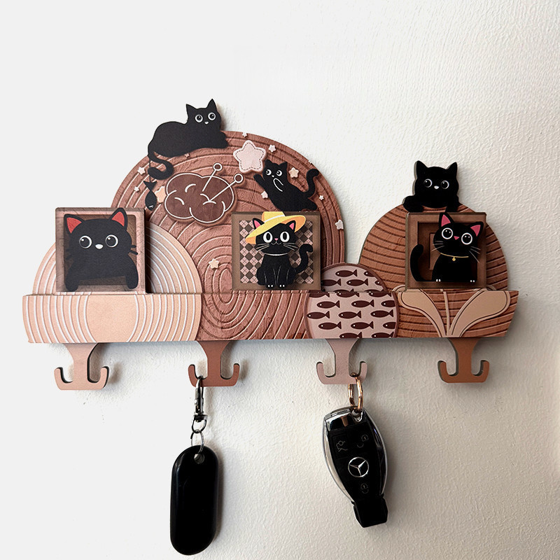 Wall-Mounted Key Holder for Entryway, No-Drill Required, Cute Cat Key ...