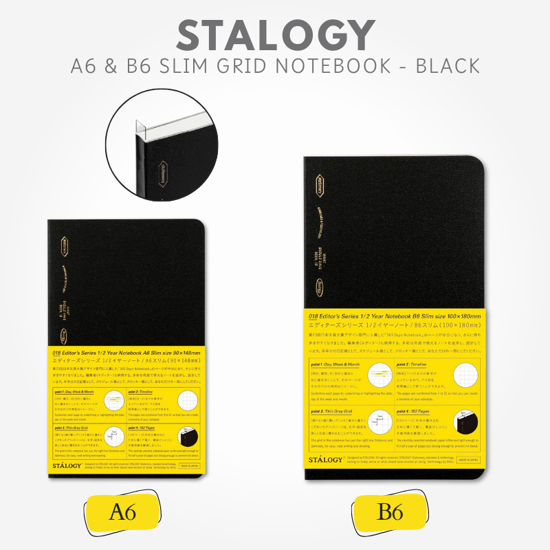 NITOMS STALOGY Slim Grid Notebook - B6 and A6 Options, Black, Japan Art ...