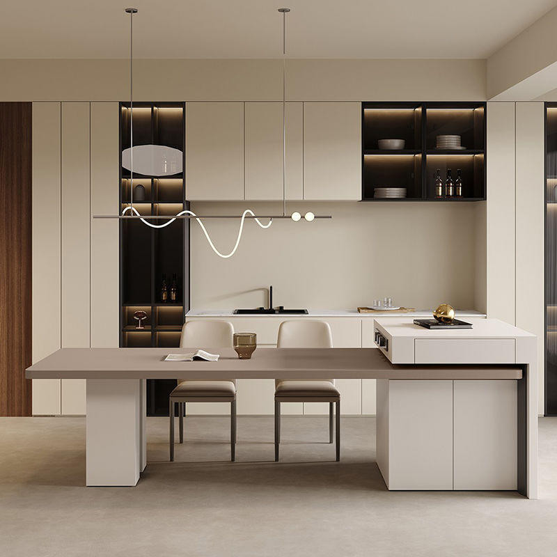 Italian minimalist island table Integrated retractable rock slab large ...