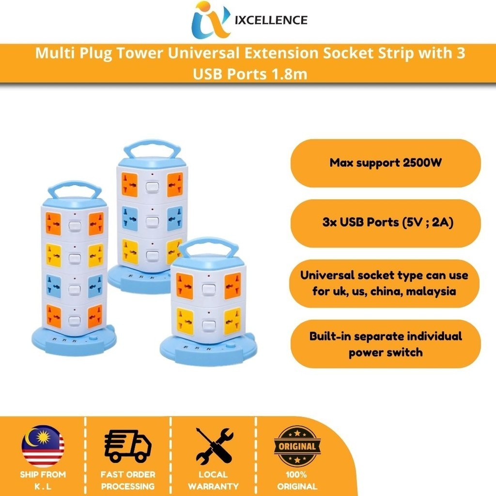 Multi Plug 3 Layer Tower Universal Extension Socket Strip with 3 USB ...