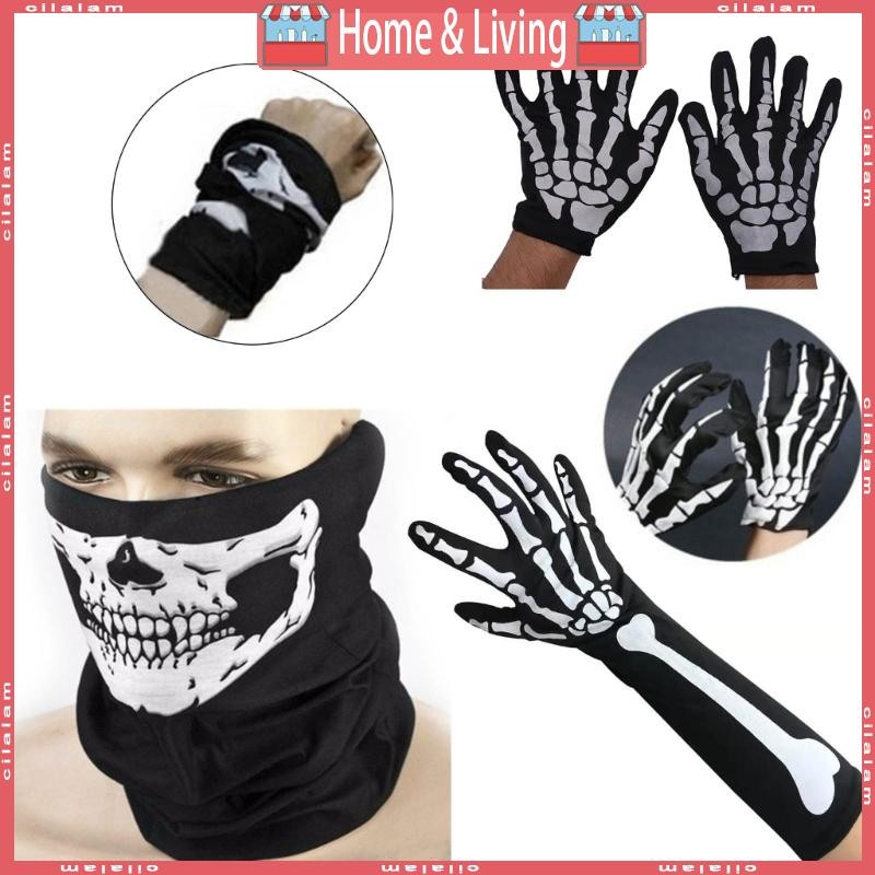 ci Halloween Long Skeleton Gloves Skull Face Half Ghost Bone Cosplay ...