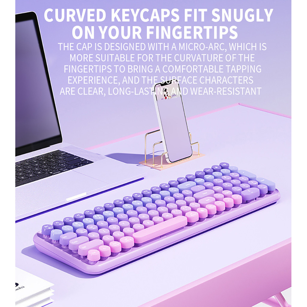 Pink Purple Ergonomic 2.4G Wireless Keyboard 106 Keys Retro Round ...
