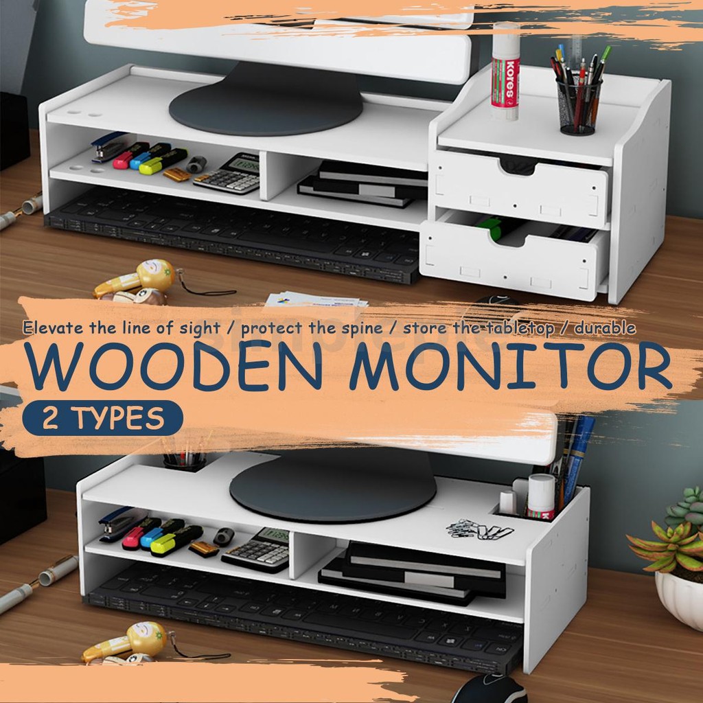 Adjustable Computer Monitor Stand with Storage Drawer Ergonomic Wood ...