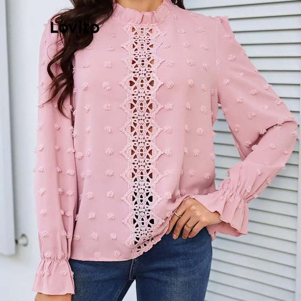 Lovito Elegant Plain Lace Ruffle Blouse for Women LNL61214 | Shopee ...