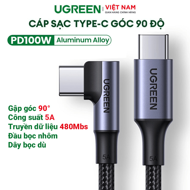 Ugreen 100W 60W 5A USB Type C to C PD 90 degree folding fast charging cable 1m 2m 3m C-C US334 ...