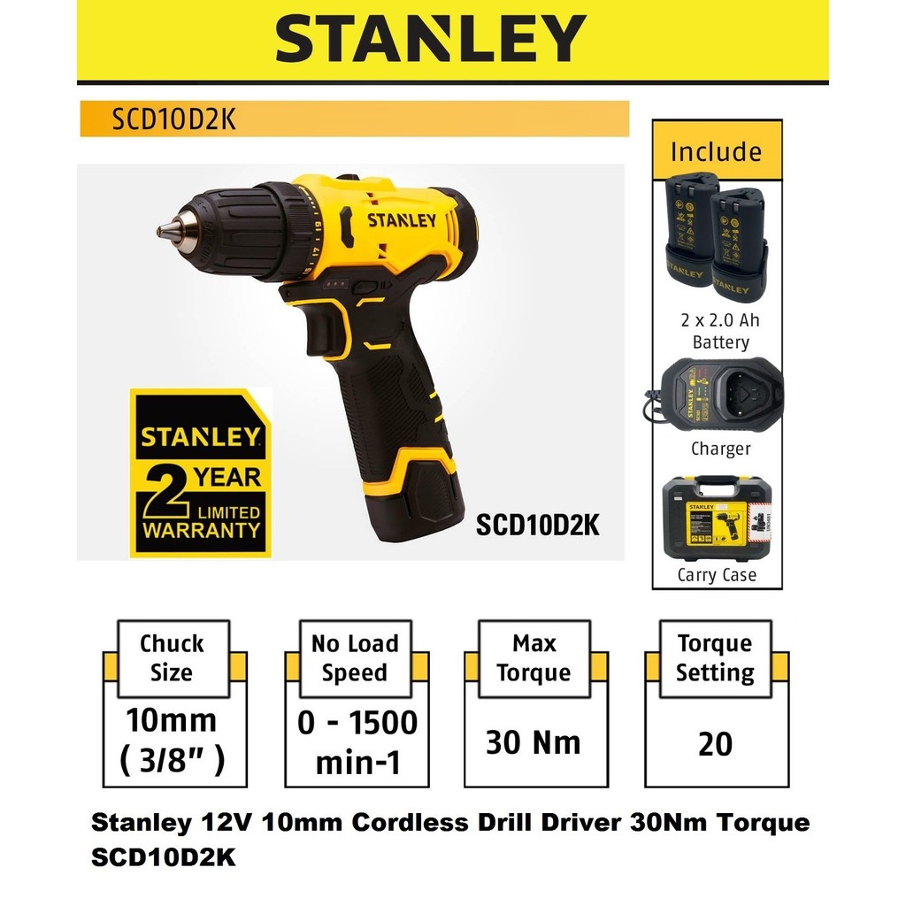 Stanley 12V Lithium-ion 30Nm Torque Cordless Drill Driver SCD10D2K ...