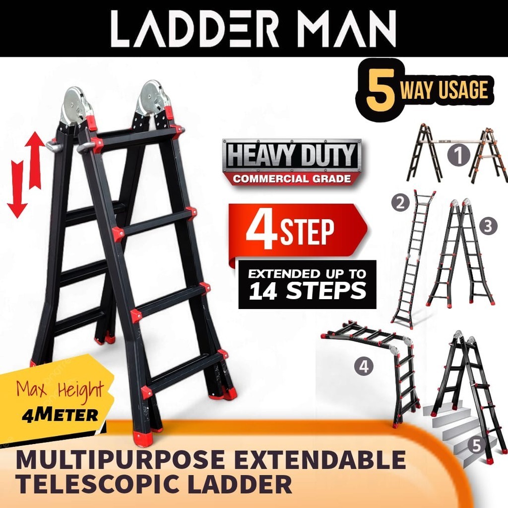 4 STEP Black Transformable Telescopic Extendable Ladder Heavy Duty ...
