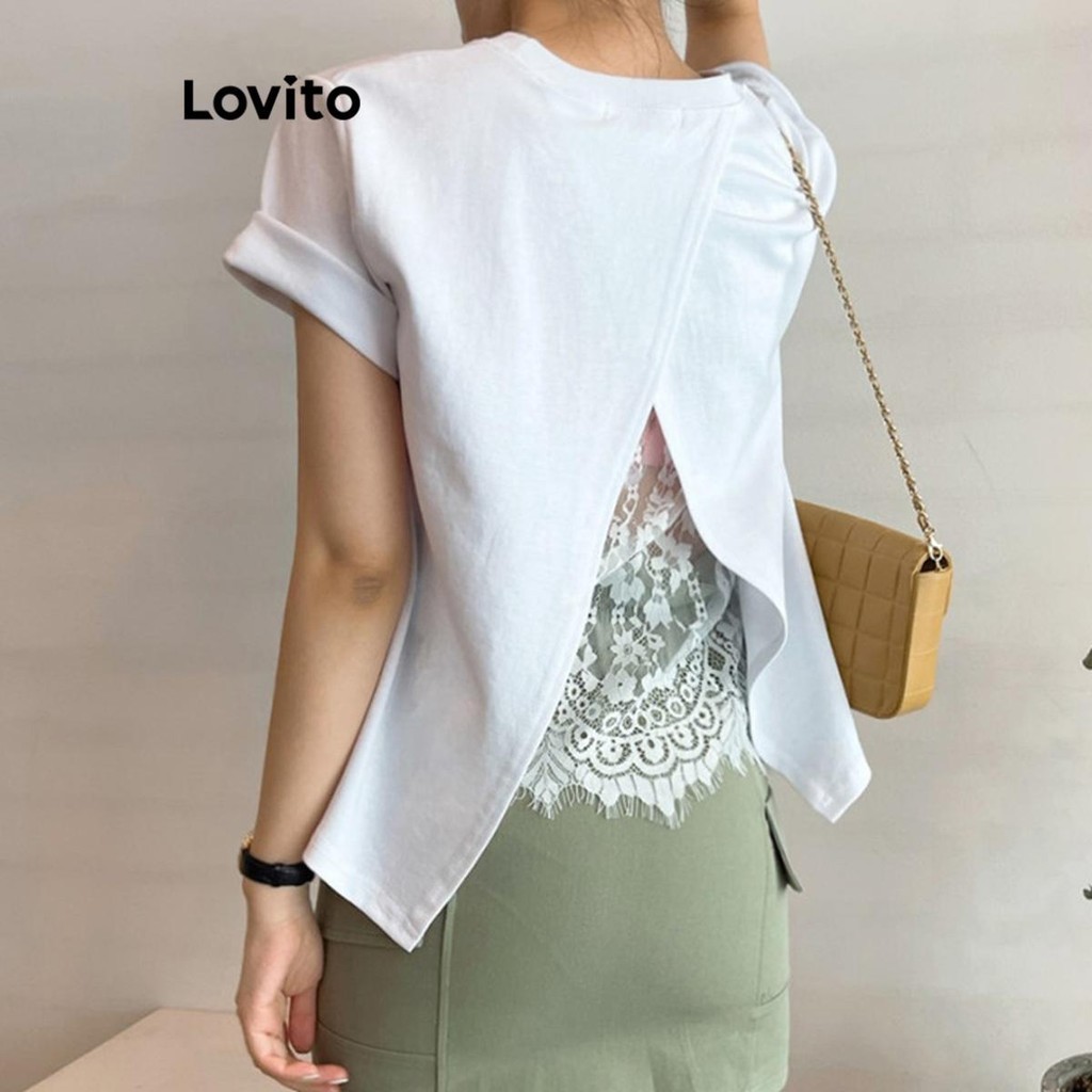 Lovito Casual Plain Split Back T-Shirt for Women LNE58787 Lovito Kaos ...