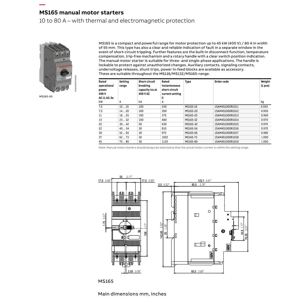 ABB Motor protector circuit breaker MS165-16 MS165-20 MS165-25 MS165-32 ...