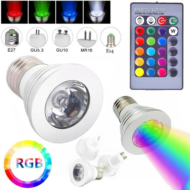 3W LED RGB Spotlight Bulbs E27 E14 GU10 GU5.3 MR16 Remote Control Home ...