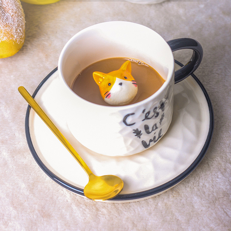 Creative Cartoon Relief Ceramic Cup Small Cat Mug Cat Coffee Cup Set ...
