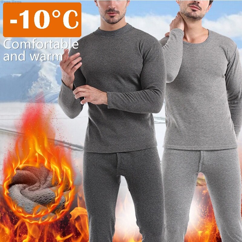 Winter Men Thermal Underwear Set Soft Cotton Fleece-lined Warm Long ...