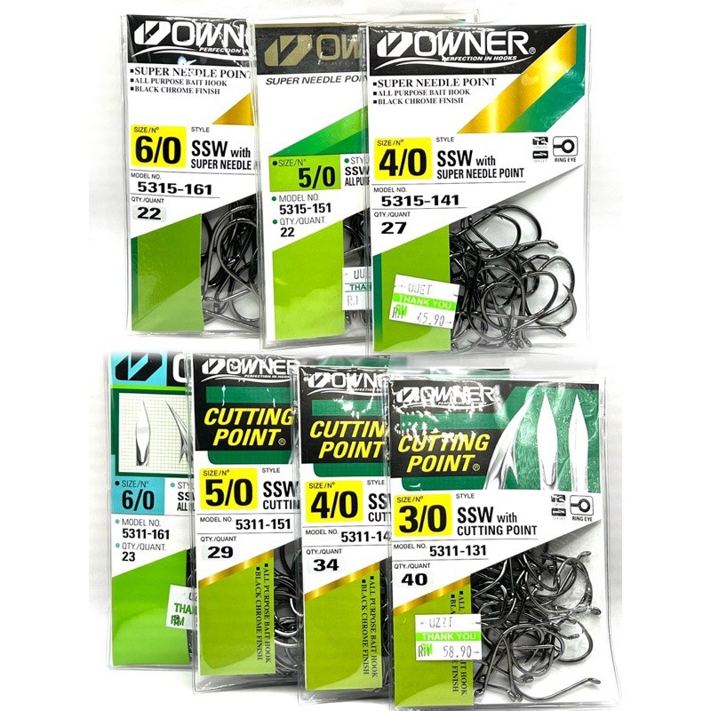 OWNER 5311 SSW-CUTTING POINT & 5315 SSW-SUPER NEEDLE POINT FISHING HOOK ...