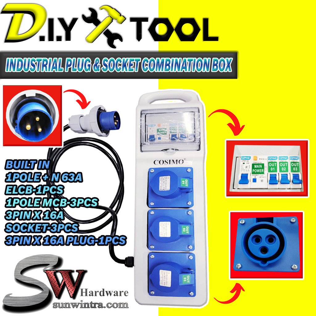 SW HARDWARE PORTABLE DISTRIBUTION BOX 3 X 16A 3WAY INDUSTRIAL PLUG ...