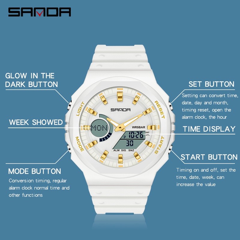 (JJ) SANDA Top Luxury Men's Quartz Waterproof S-Shock Military Sport Dual Display Luminous ...