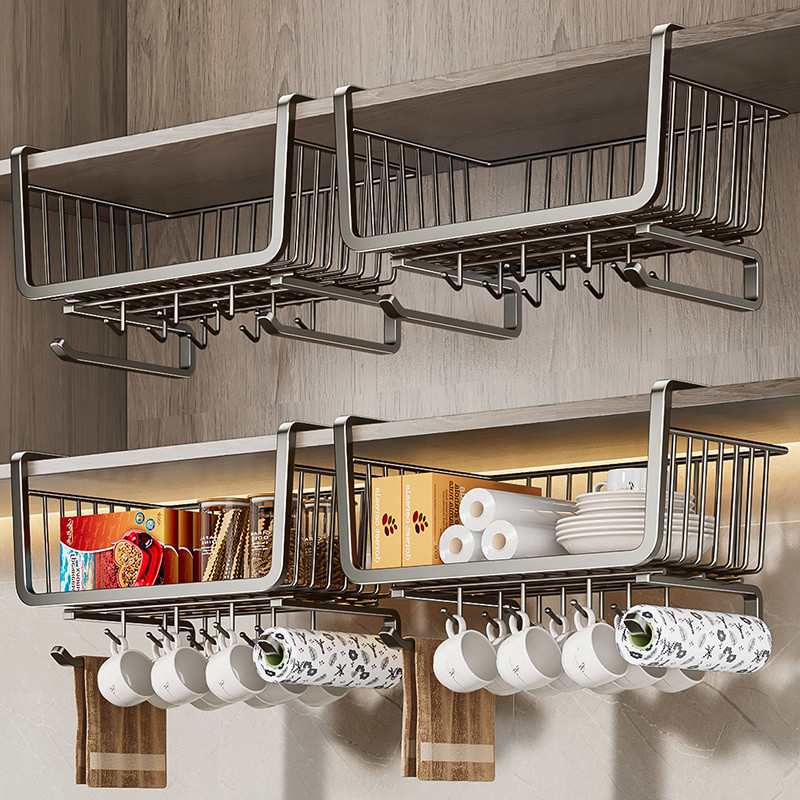 【Ship In 24h】廚房置物架 櫥櫃內掛架 吊掛下掛籃 Multifunctional Perforation-Free Kitchen ...