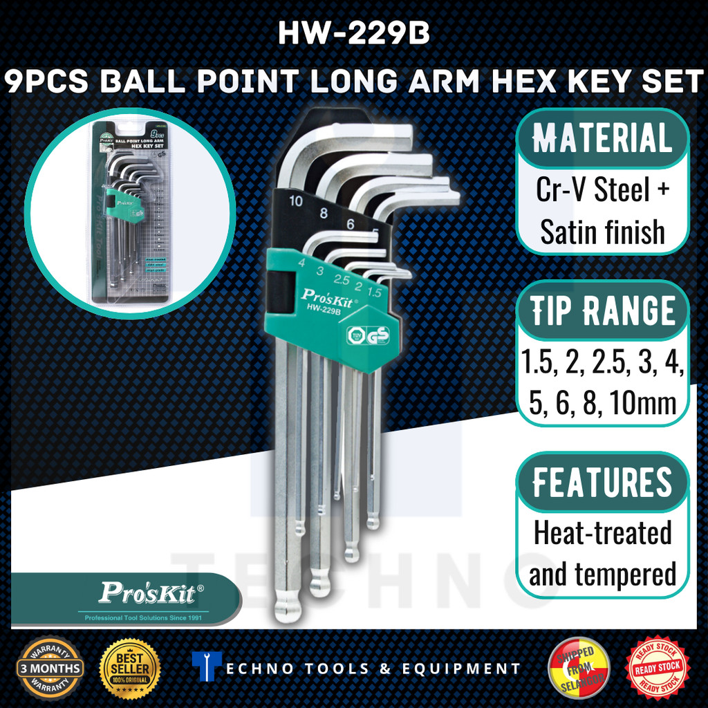 Pro'sKit HW-229B 9PCS Ball Point Long Arm Hex Key Set 100% New & Original | Shopee Malaysia