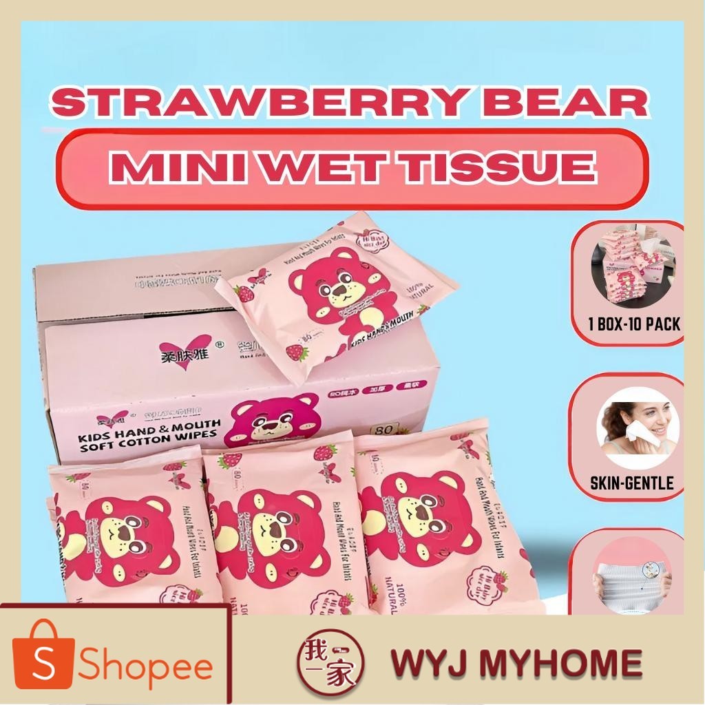 【1BOX 10PACK 】Mini Strawberry Bear Wet Tissues Wipes Towels Soft And ...