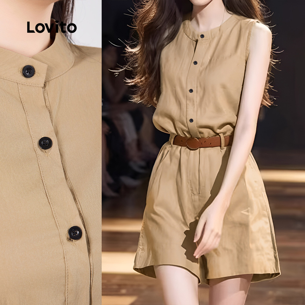 Lovito Casual Shorts Sets Button Front Simple Spring/summer Khaki ...