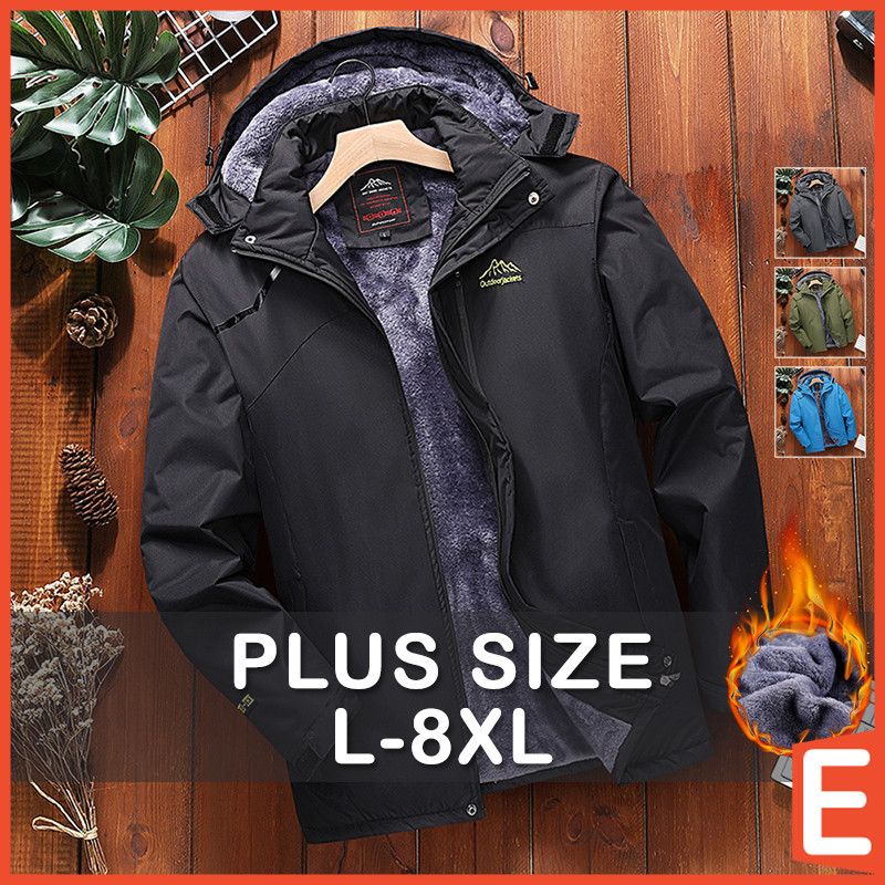 [L-8XL] Plus Size Hooded Jacket Men Winter Warm Long Sleeve Black Grey ...