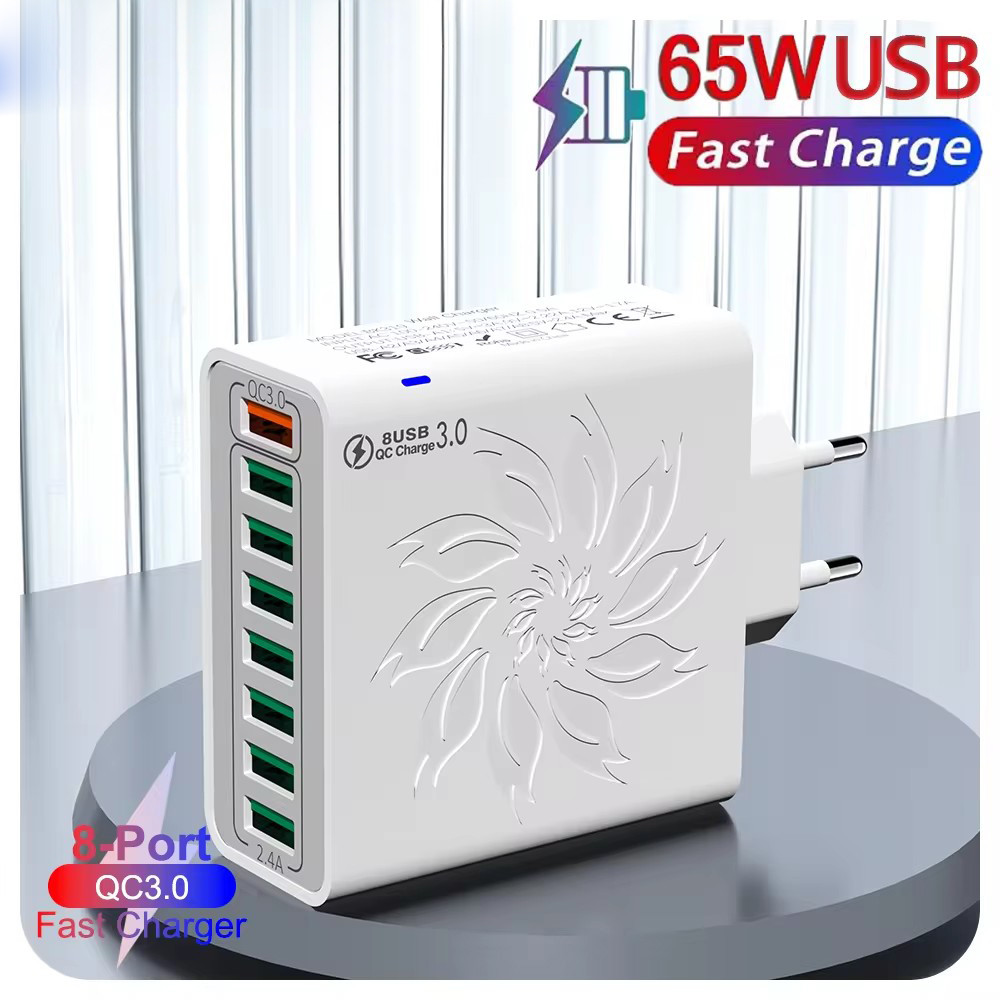 65W 8 USB-A Super Fast Charging Charger - Multi-USB Wall Adapter Fast ...